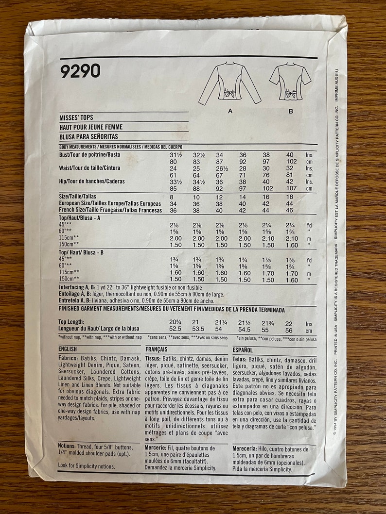 CUT Pattern/misses Blouse/sewing Pattern Simplicity 9290/ladies Top ...