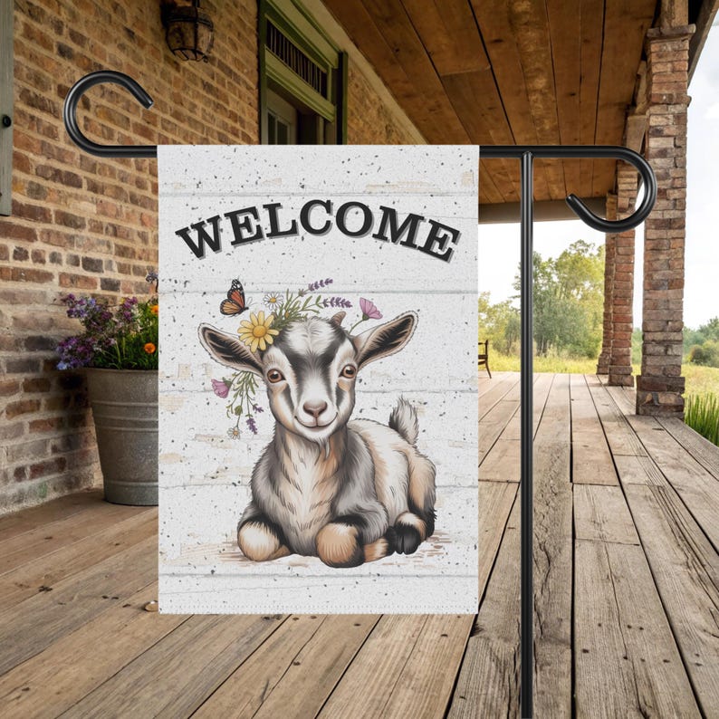 Goat Garden Flag Welcome - Farmhouse Goat Yard Flag - Cute Goat Outdoor ...