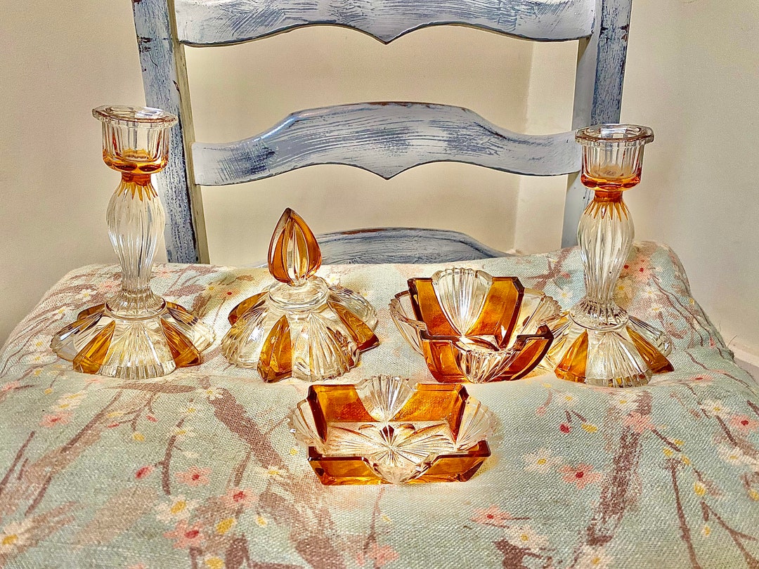 Vintage Amber Clear Glass Vanity Kit Art Deco Style Vanity Ernst Buder ...