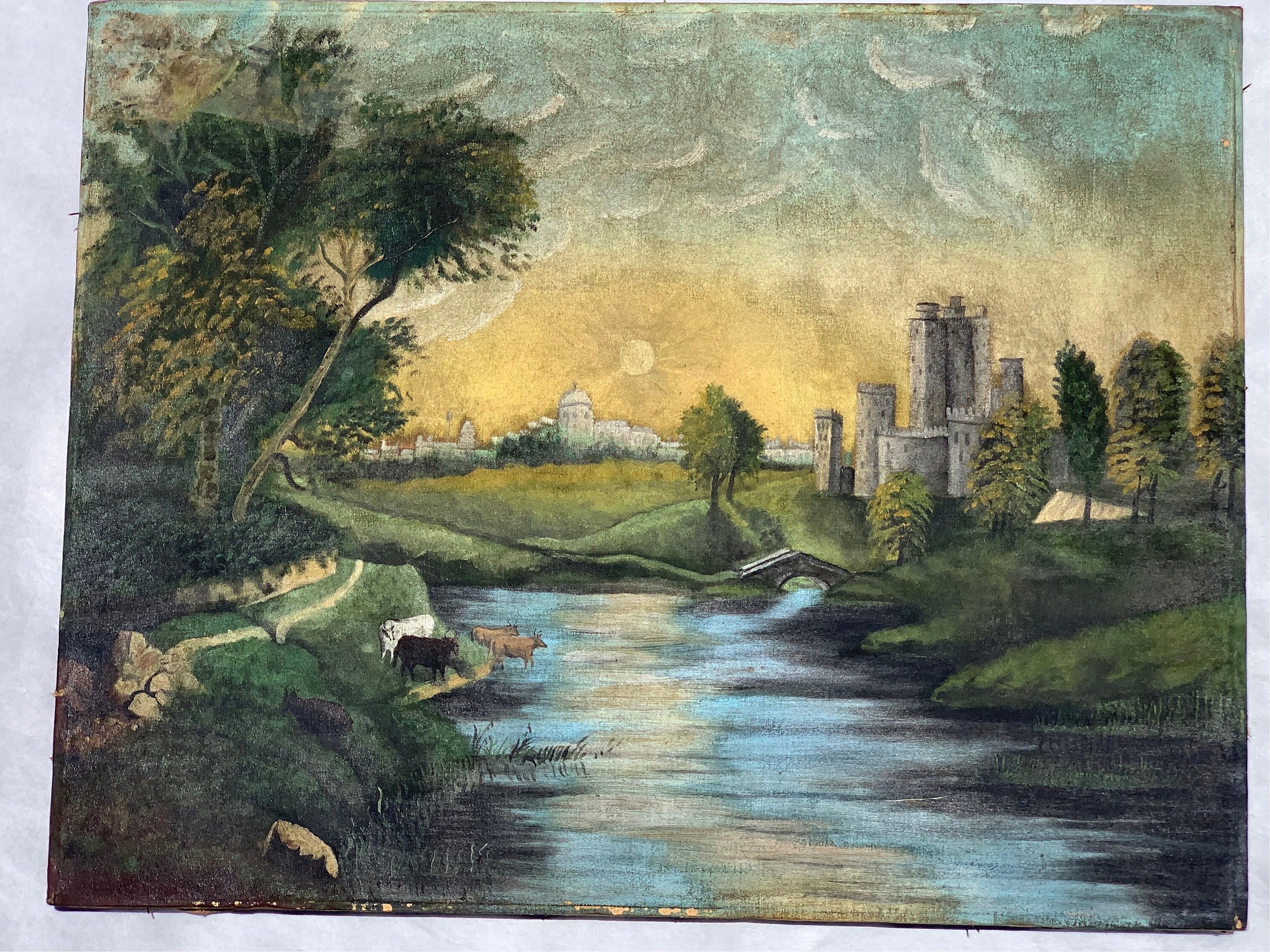 Antique After A Scene in Old Ireland Currier & Ives Oil on Linen 28 X ...