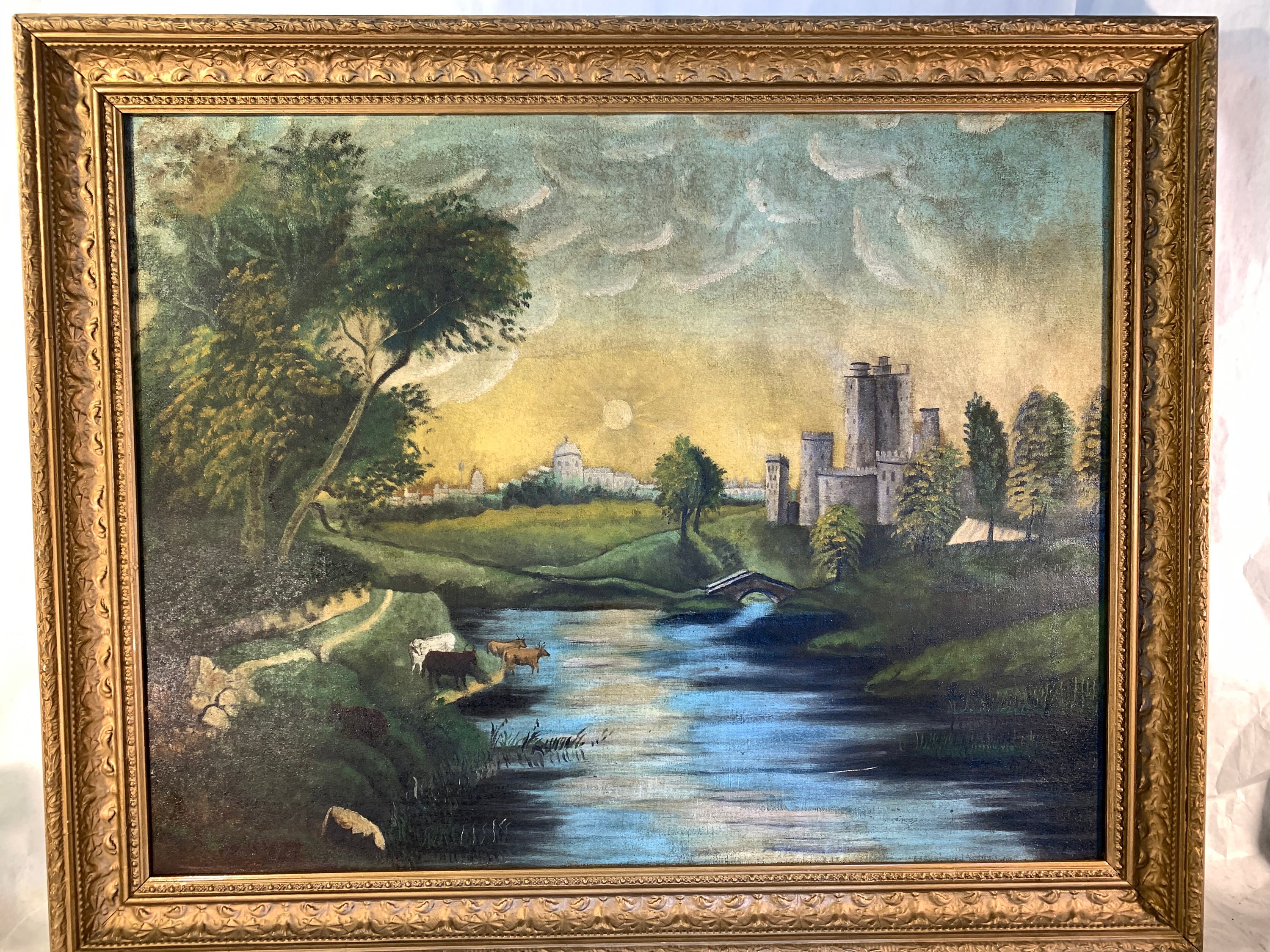 Antique After A Scene in Old Ireland Currier & Ives Oil on Linen 28 X ...