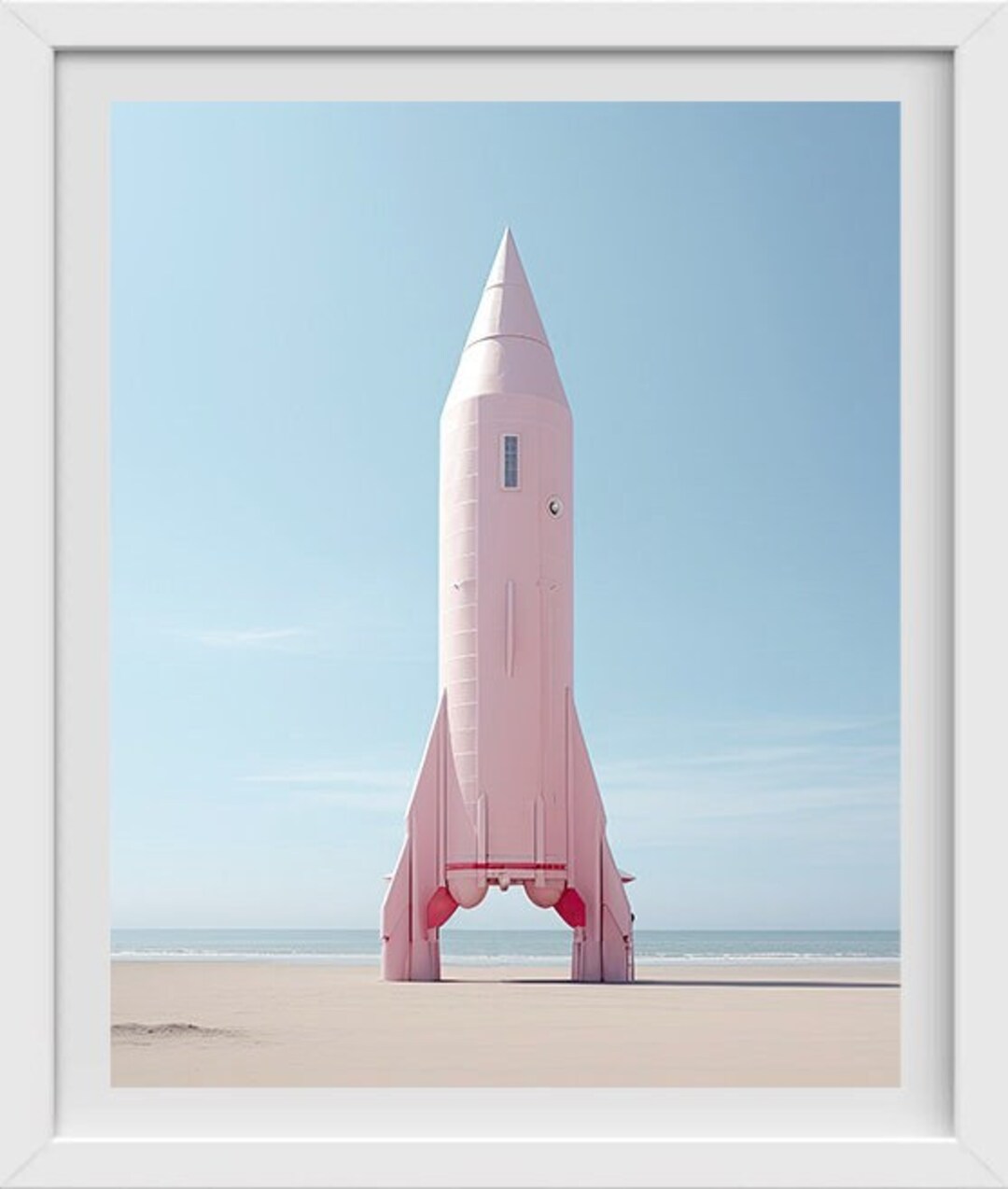 Pink Beach Side Rocket,nostalgic AI Art Print,vintage-inspired Space ...
