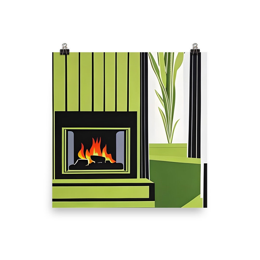 Mid Century Modern Inspired Fireplace & Snake Plant Print - Vintage ...