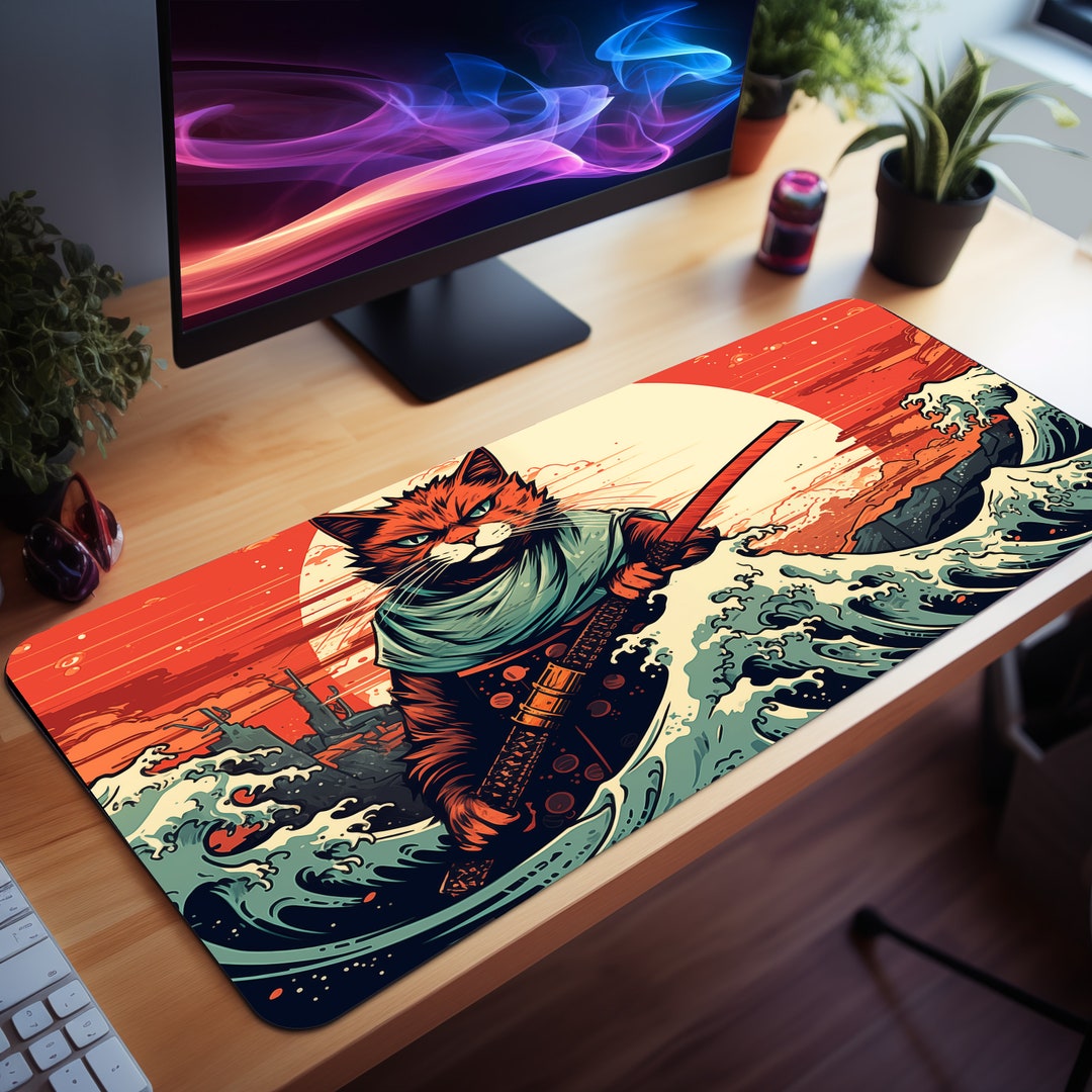 Retro Samurai Cat Desk Mat, Japanese Desk Mat, Cat Mouse Pad, Large ...