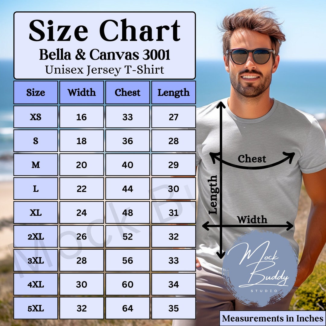 BC 3001 Size Chart Sizing Guide for Bella Canvas 3001 - Etsy UK