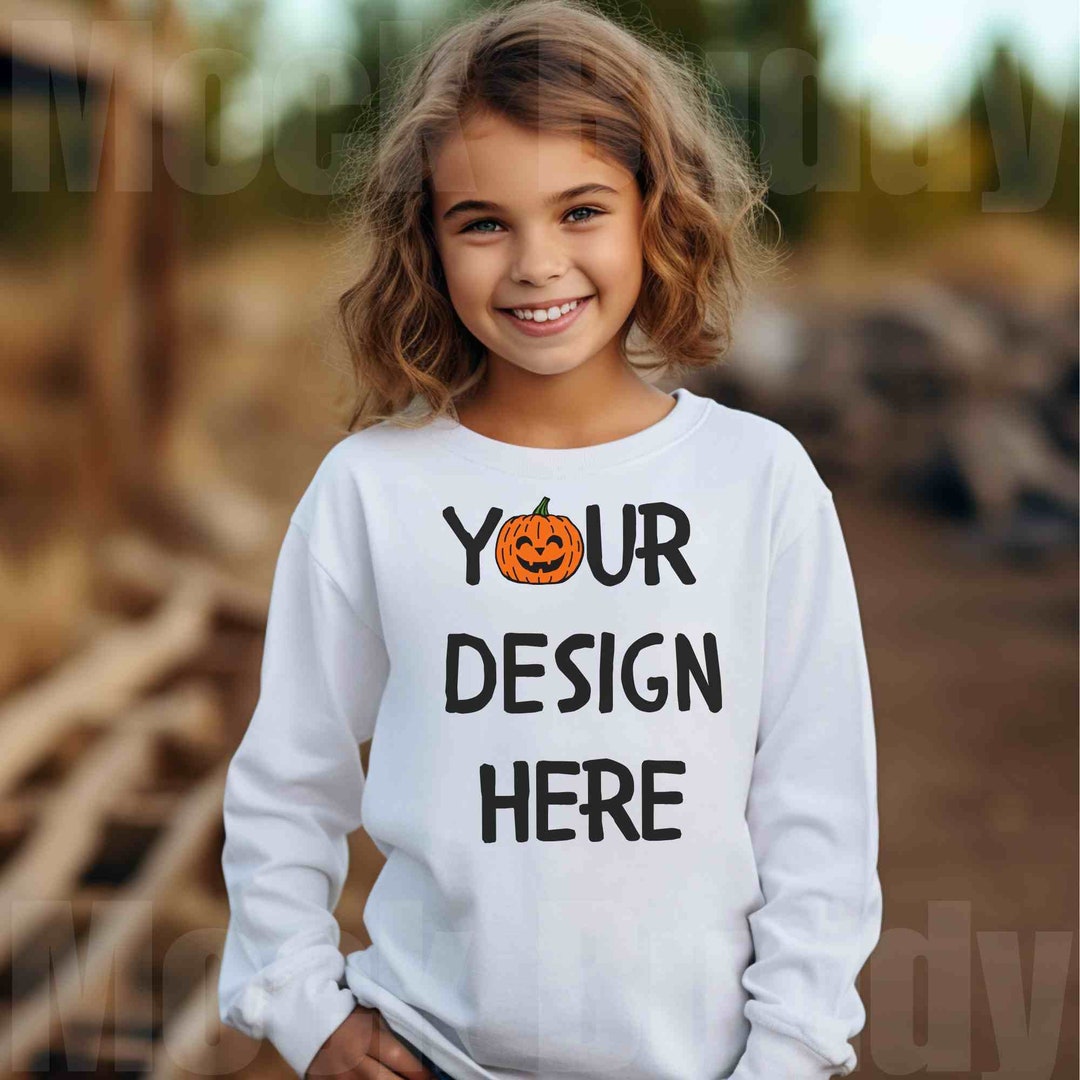 White Gildan 18000B Mockup Sweatshirt, Pumpkin Patch Kids Crewneck ...