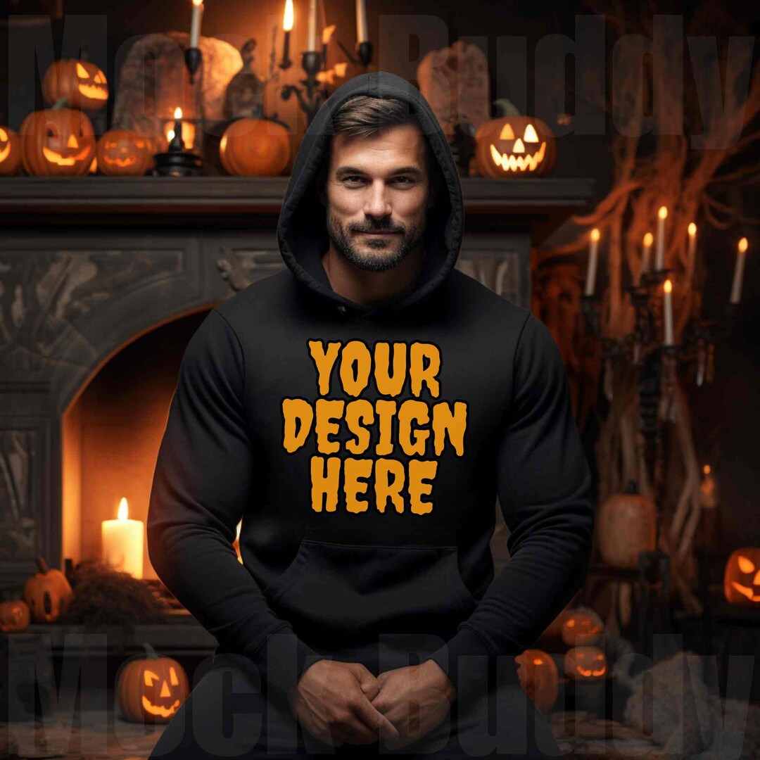 Black G 18500 Mockup, Halloween Gildan 18500 Hoodie Mock up for Men ...