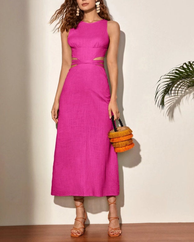 Lace-up Linen Dress Hot Pink Linen Dress Hot Pink Linen - Etsy