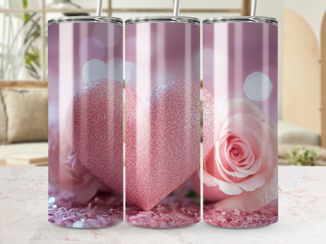 Pink Glitter Heart and Roses Digital Tumbler Wrap, High Quality PNG ...