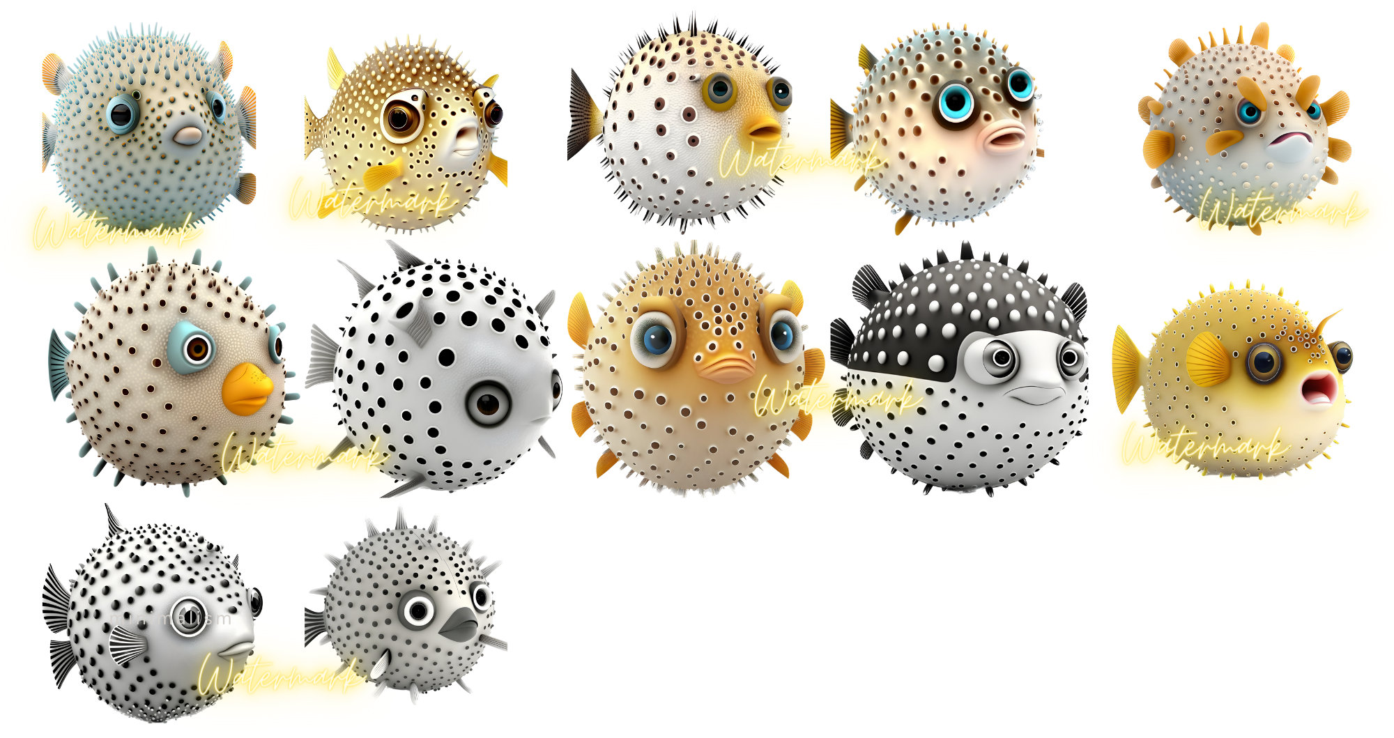 3D Puffer Fish Clipart Stickers - 3D Fish Collection - 12 Pack - High ...