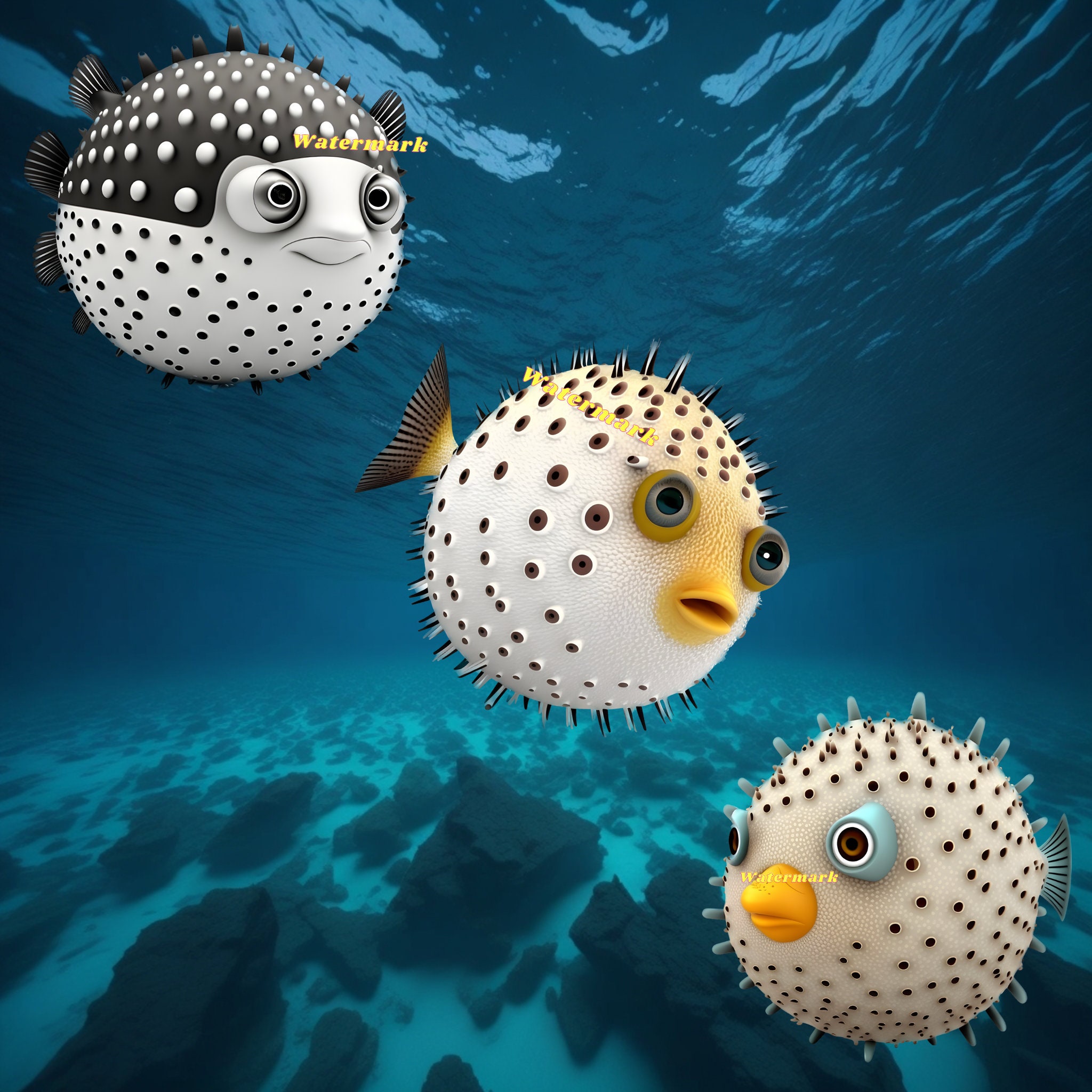 3D Puffer Fish Clipart Stickers 3D Fish Collection 12 Pack High ...
