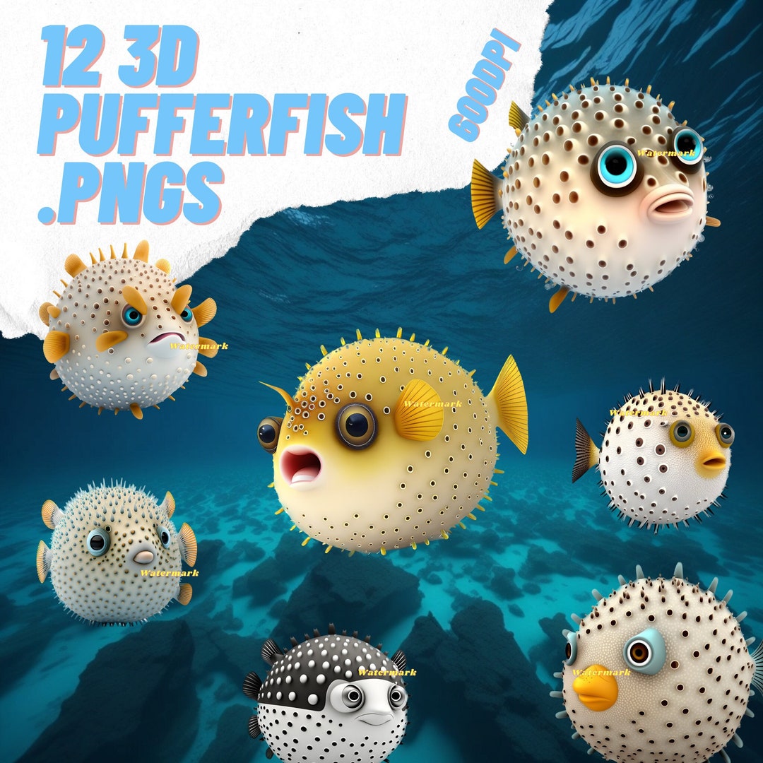 3D Puffer Fish Clipart Stickers - 3D Fish Collection - 12 Pack - High Definition - Commercial ...