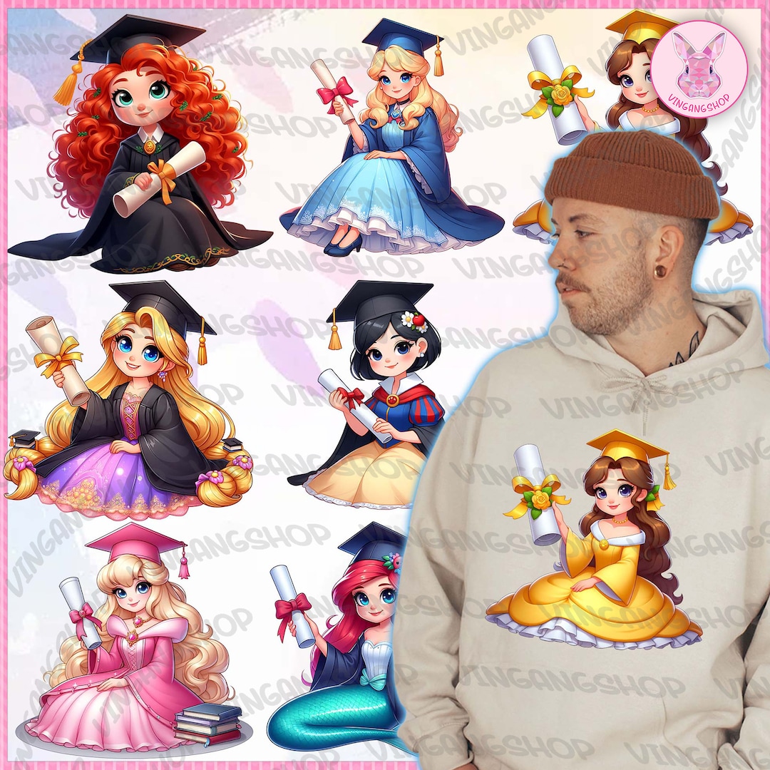 6 Cartoon Princess Graduation 2024 Png Bundle, Cartoon Graduate Png ...