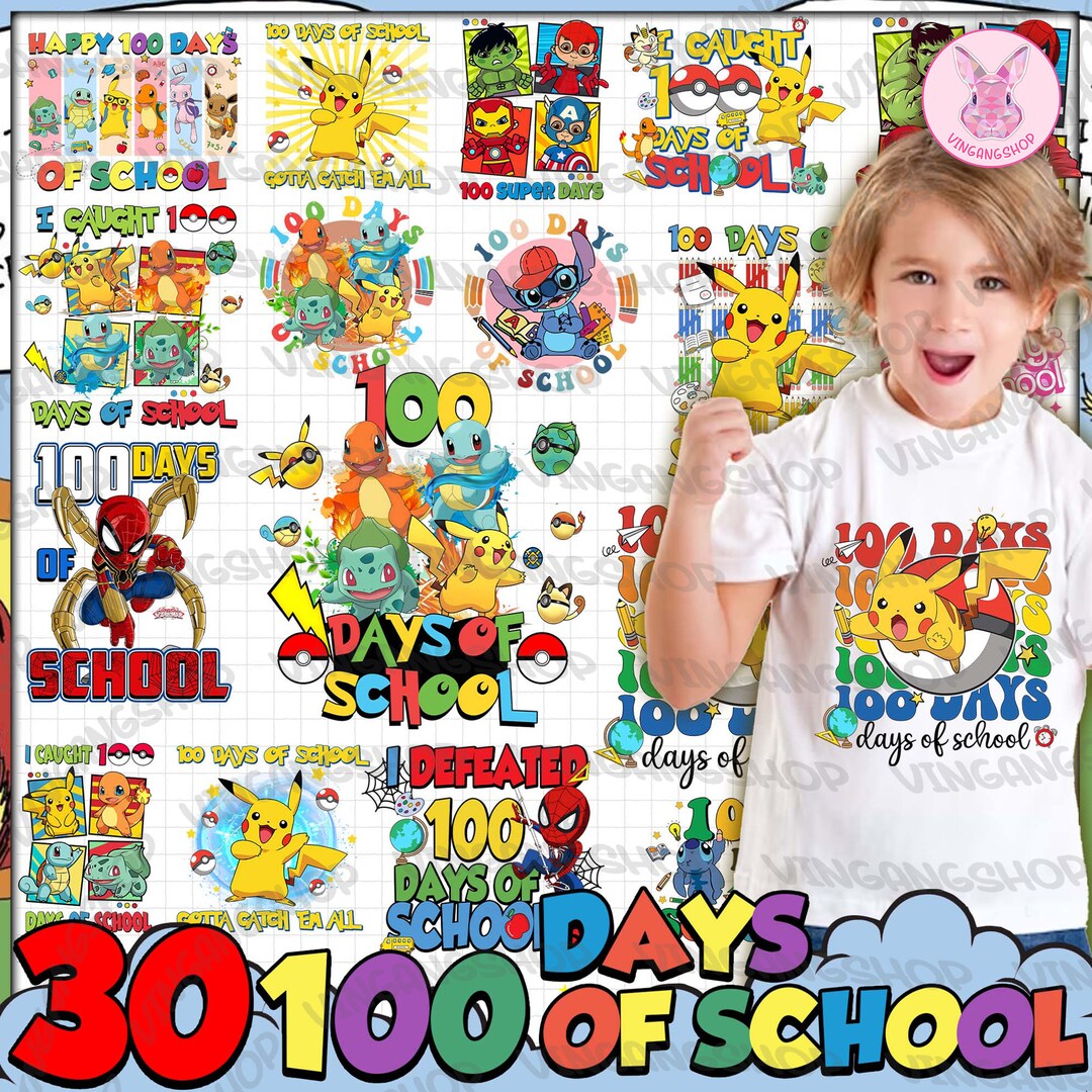30 100 Days of School Cute Cartoon PNG Bundle, Teacher Shirt Png, Happy ...