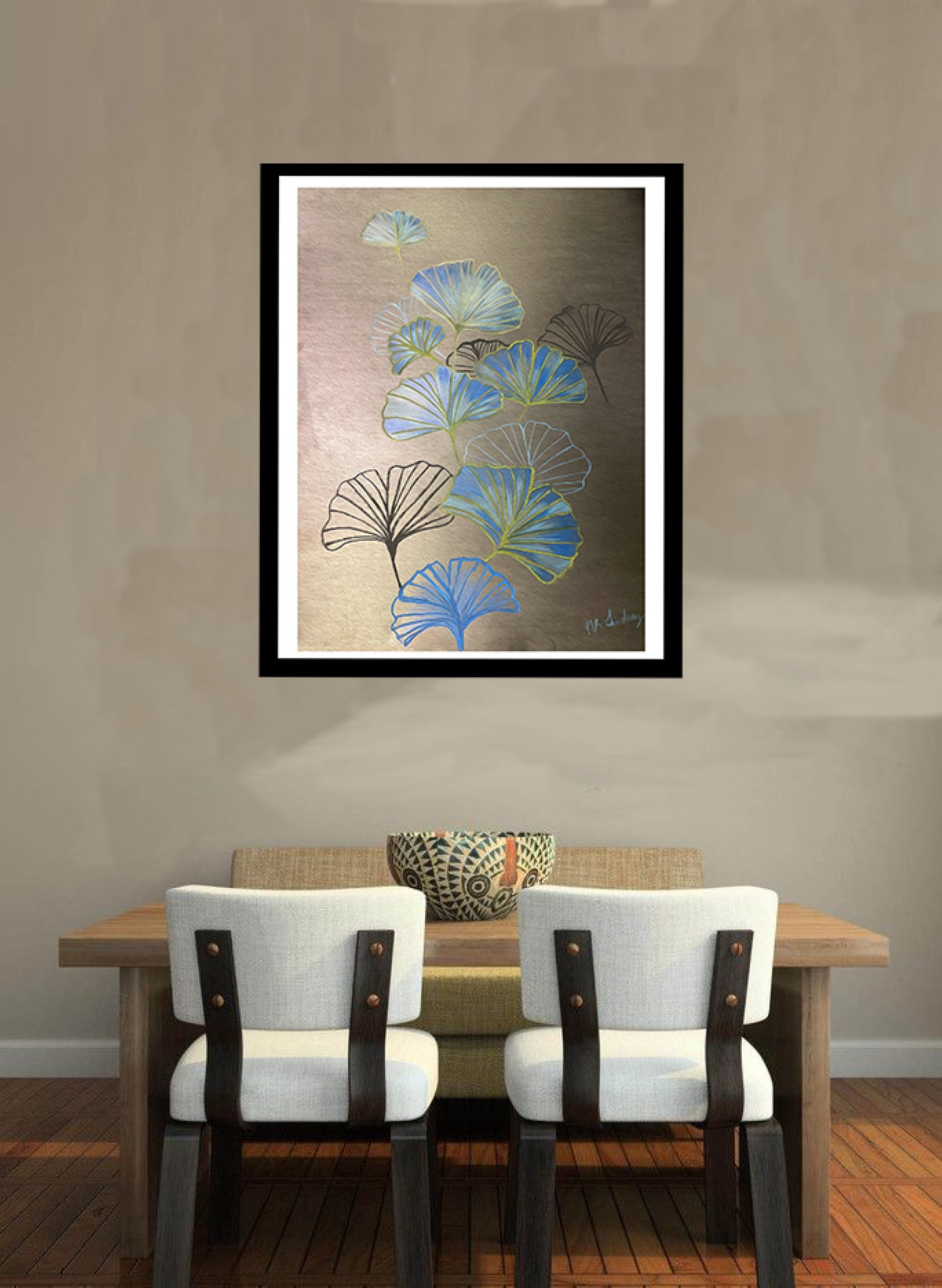 Azure Gingko Printable Blue Green Gingko Leaves on a Black Background ...