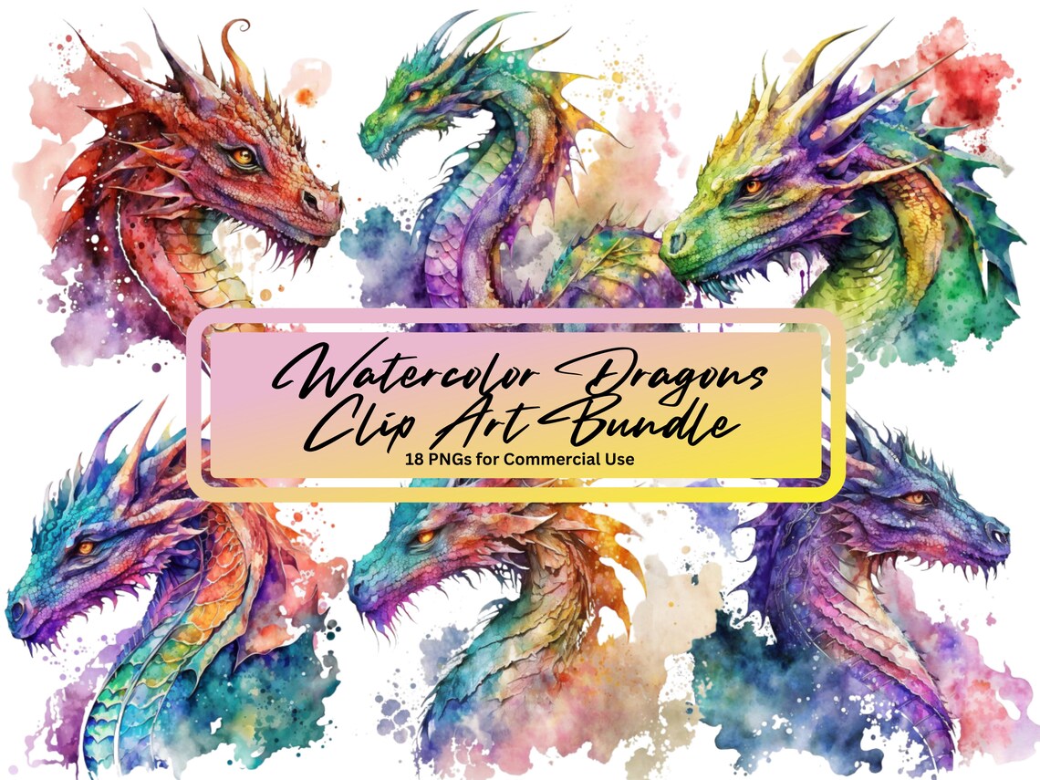 18 Watercolor Dragon Pngs Instant Download, Fantasy Clip Art, Magic ...
