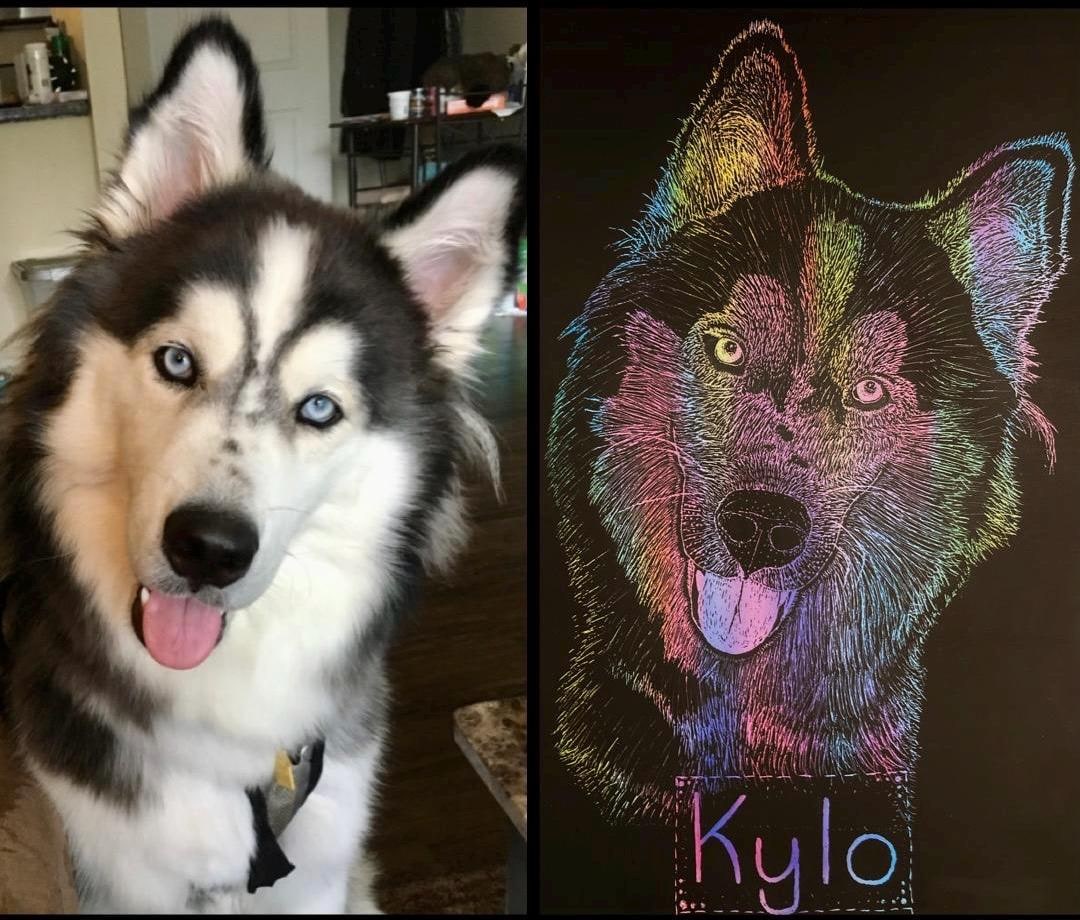 Custom Dog Portrait, Scratch Art, Colorful, Gloss Finish, Rainbow, Gold ...