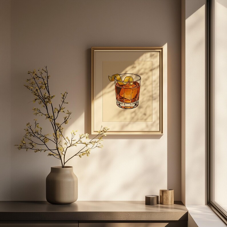 Sazerac Cocktail Print | Mid Century Beverage Illustration | Digital ...