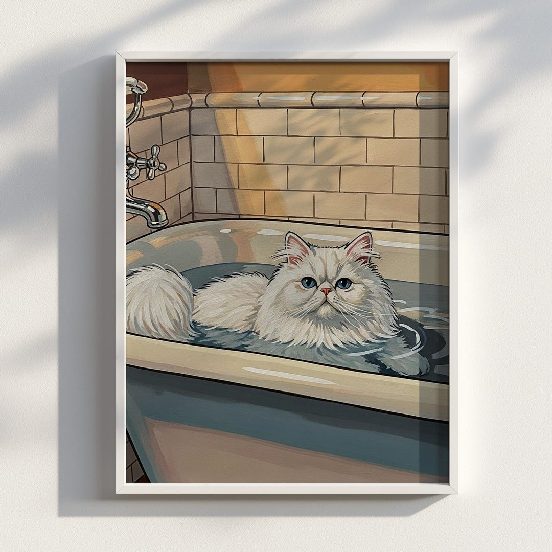 Funny Cat Bathroom Art Print | Fluffy White Persian Kitten Painting ...