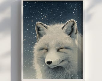 Smiling Arctic Fox Art, Cozy Winter Animal Portrait | Serene Nursery ...