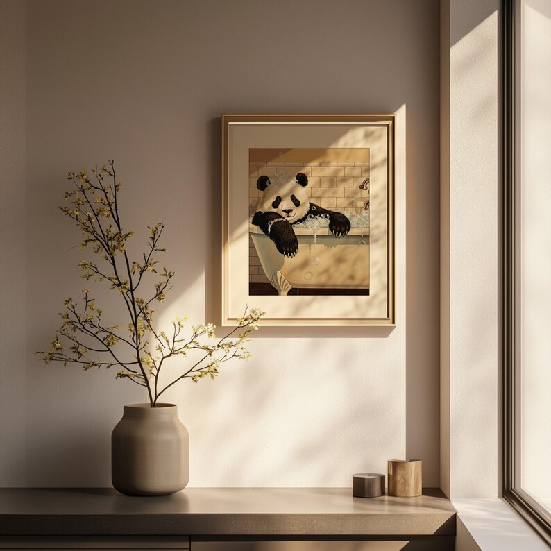 Panda in Bathtub Art | Cute Bubble Bathing Illustration, Warm Beige ...