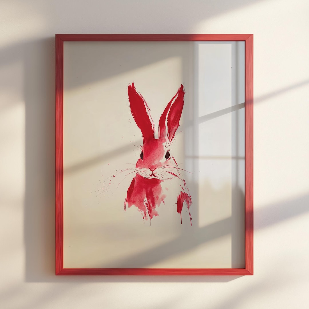 Chinese Zodiac Rabbit Portrait - Sumi-e Style Red Ink Painting, Playful ...