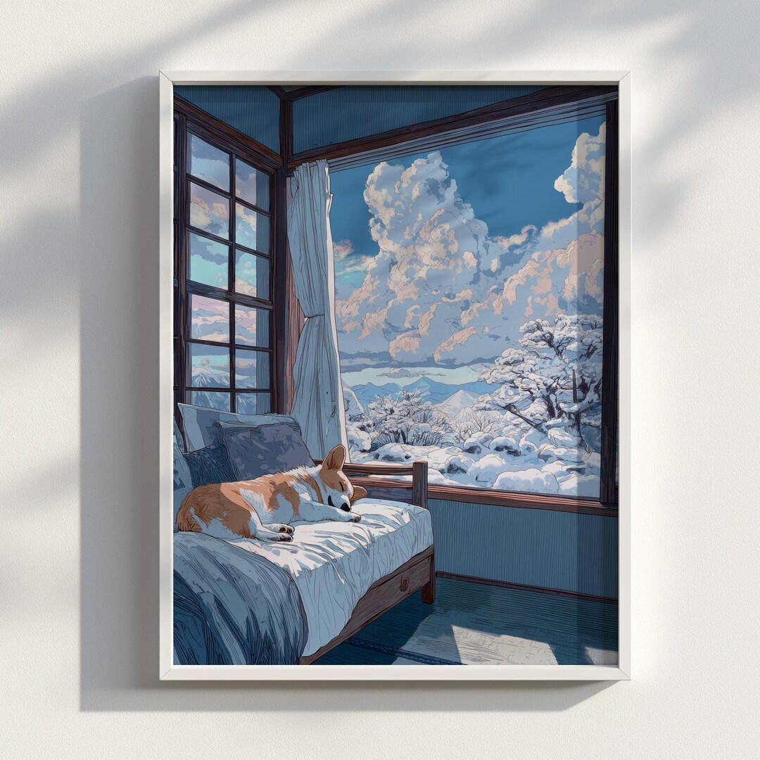 Ukiyo-e Corgi Wall Art Print | Cosy Sleeping Dog Snowy Landscape Poster ...