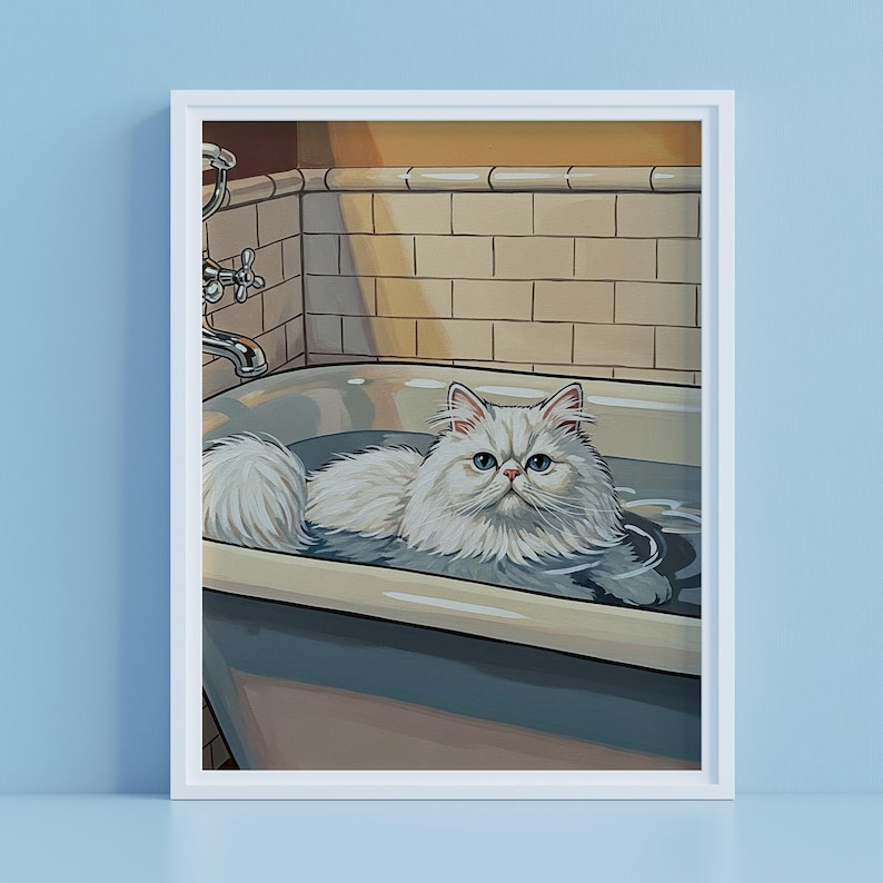 Funny Cat Bathroom Art Print | Fluffy White Persian Kitten Painting ...
