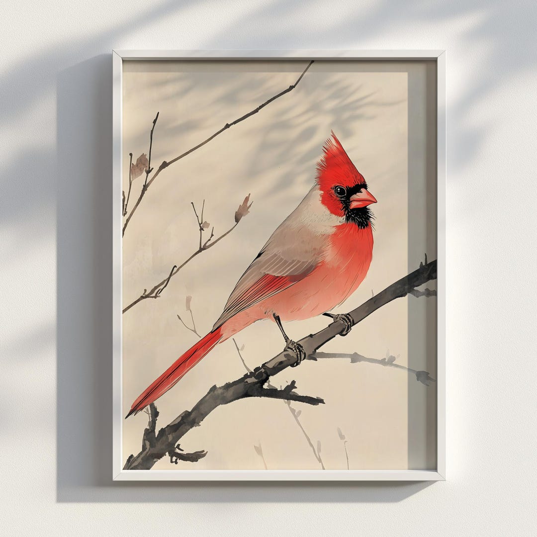 Ukiyo-e Cardinal Bird Portrait: Japanese Ink Style Art (digital ...