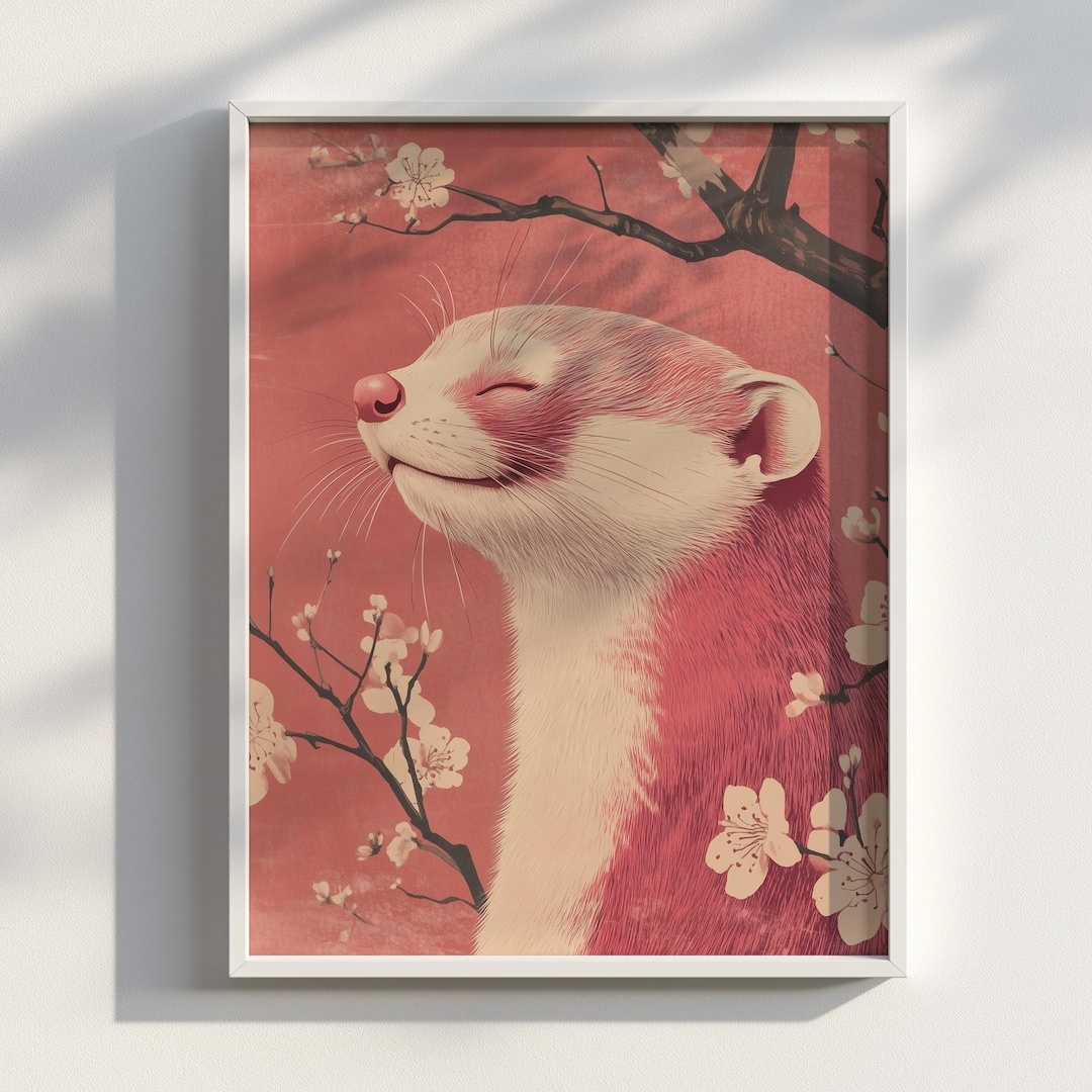 Cherry Blossom Ferret Print: Japanese Ukiyo-e Animal Art (digital ...