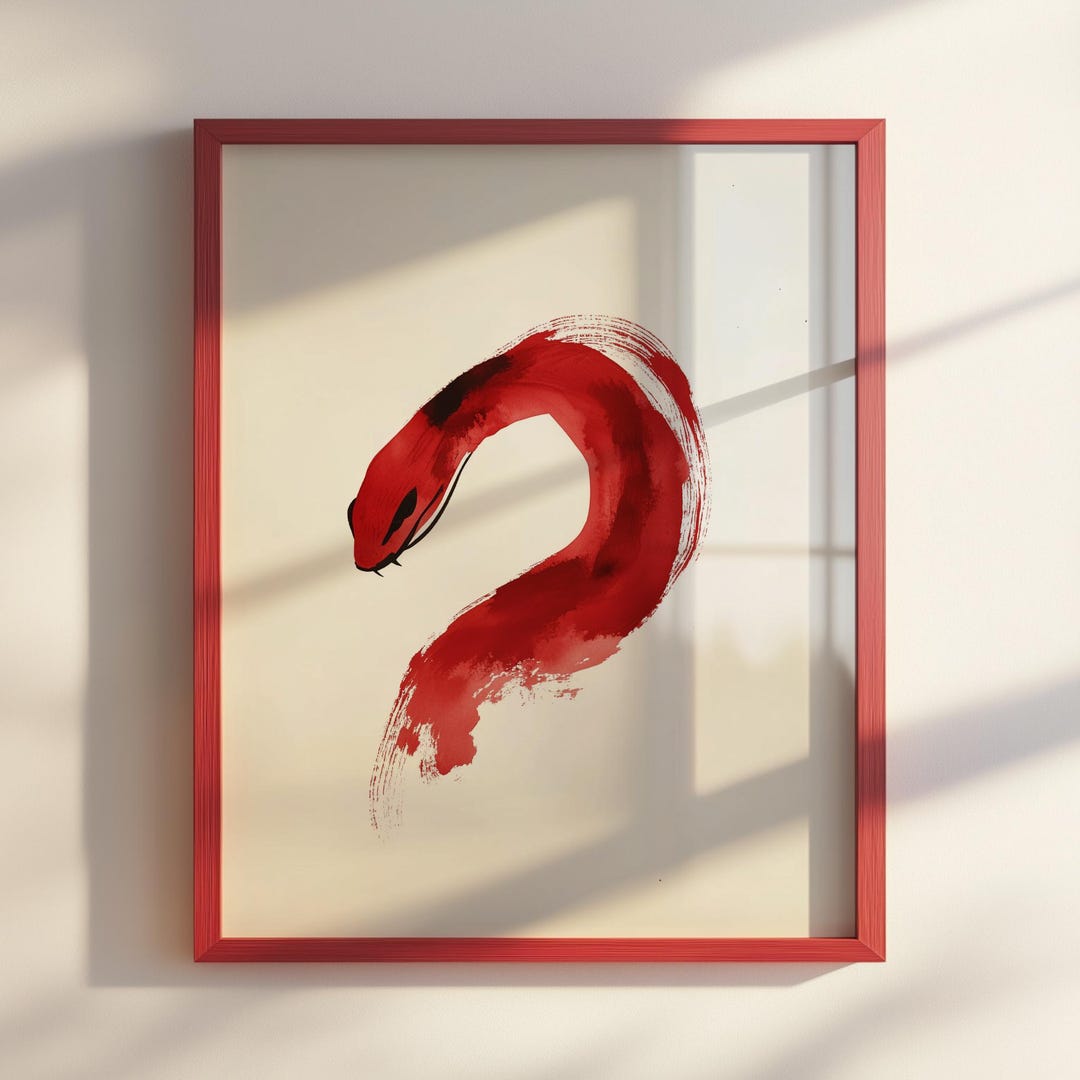 Red Ink Sumi-e Snake Painting - Minimalist Japanese Snake Art, Serpent ...