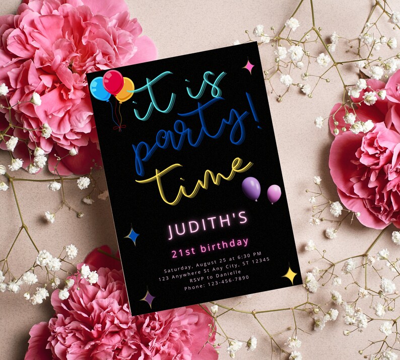 It's Party Time Birthday Invitation Template, Playful Invitation, Neon ...