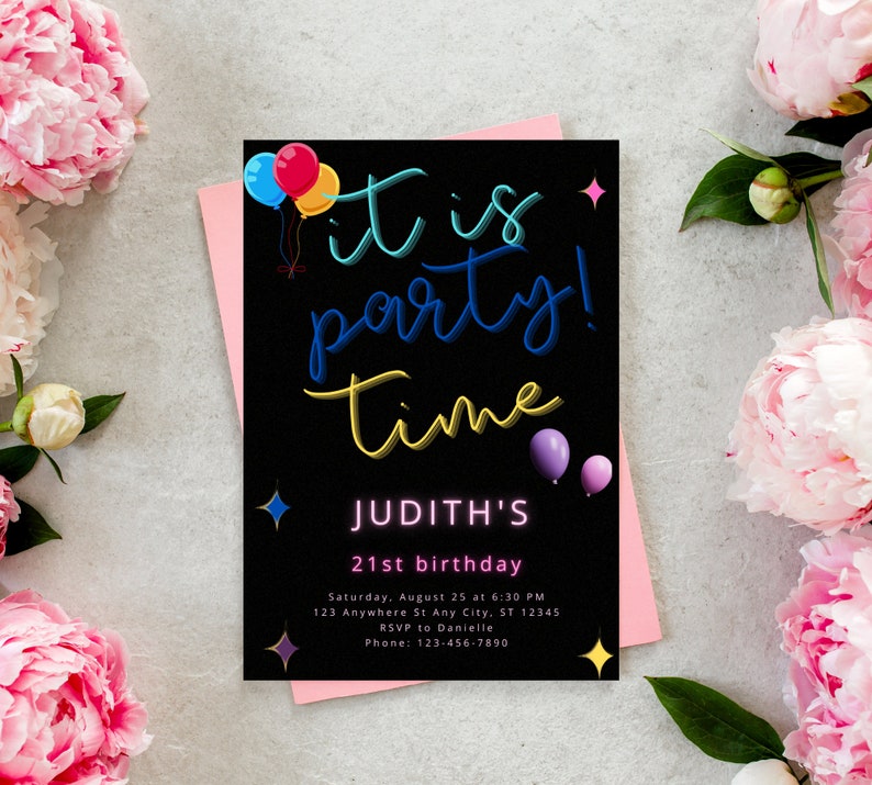 It's Party Time Birthday Invitation Template, Playful Invitation, Neon ...