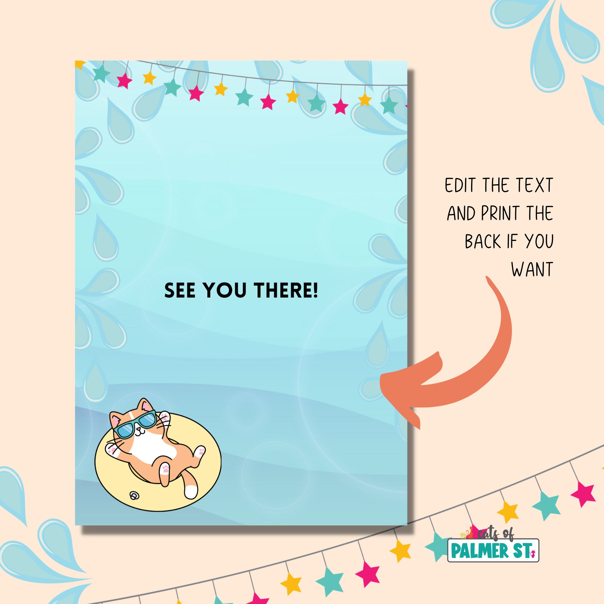 Editable Pool Party Birthday Invitation, Cat Summer Party Party Invite ...