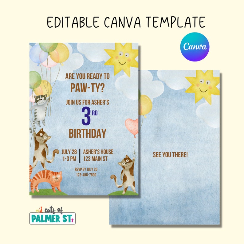 Cat Invitation, Cat Invite, Cat Theme Birthday, Editable Invitation ...