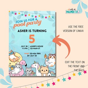 Editable Pool Party Birthday Invitation, Cat Summer Party Party Invite ...