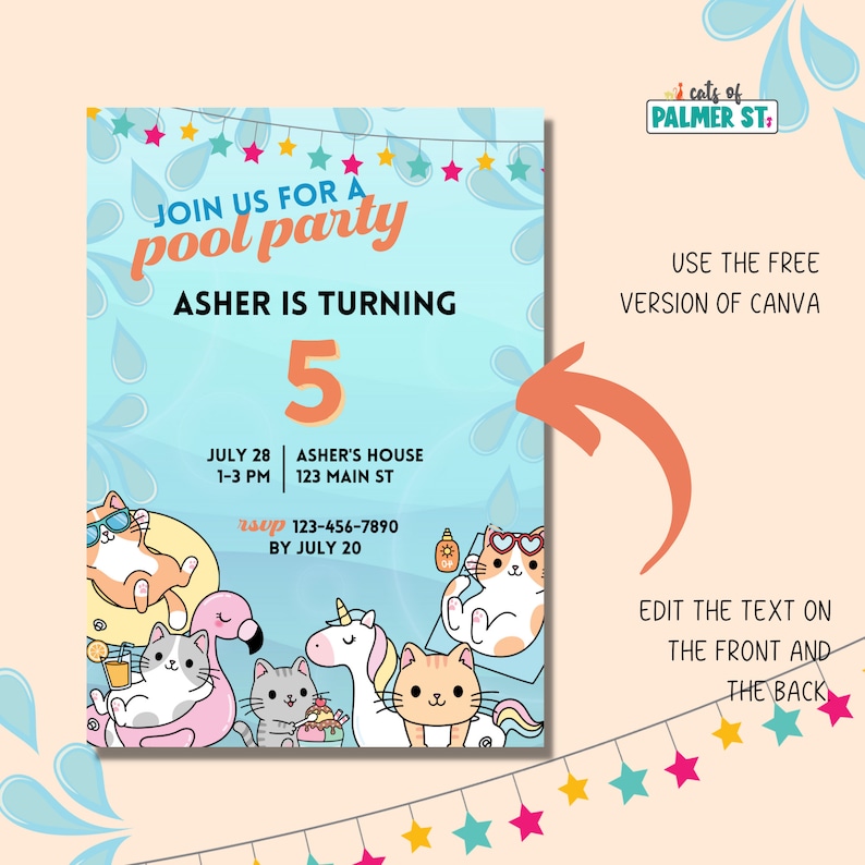 Editable Pool Party Birthday Invitation, Cat Summer Party Party Invite ...