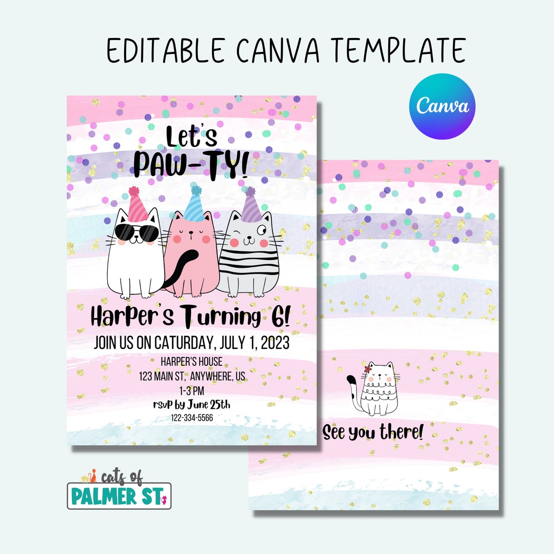Cat Invitation, Cat Invite, Cat Theme Birthday, Editable Invitation ...