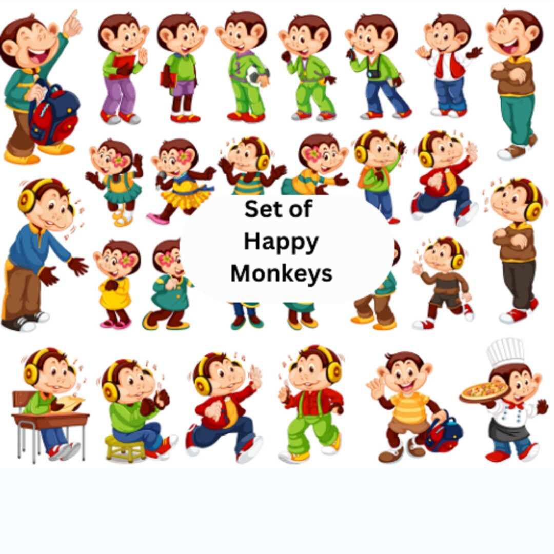 Big Set of Happy Monkeys Clipart in PNG Format Instant - Etsy