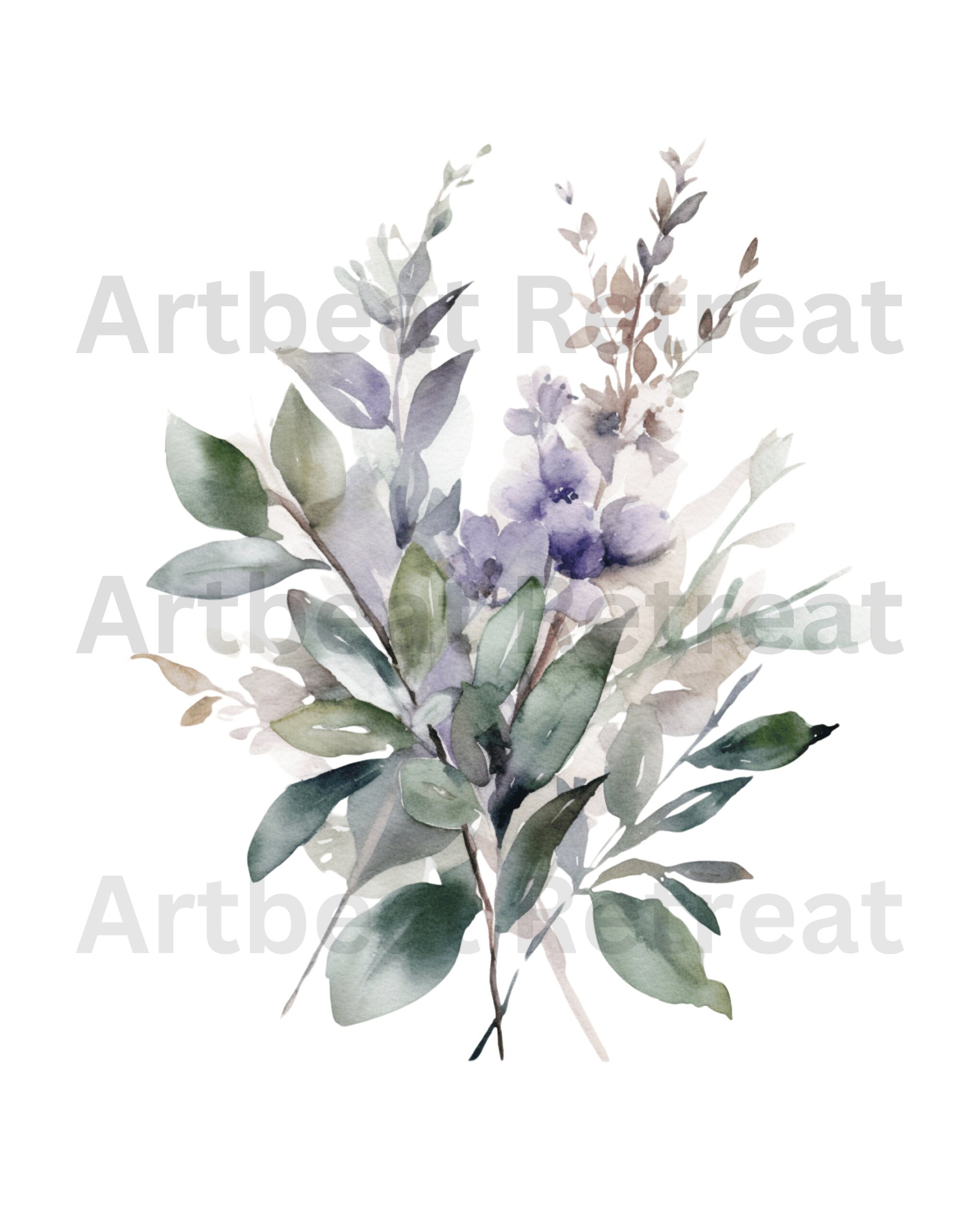 Sage Green and Lilac Wall Art Digital Watercolor Painting Botanical ...