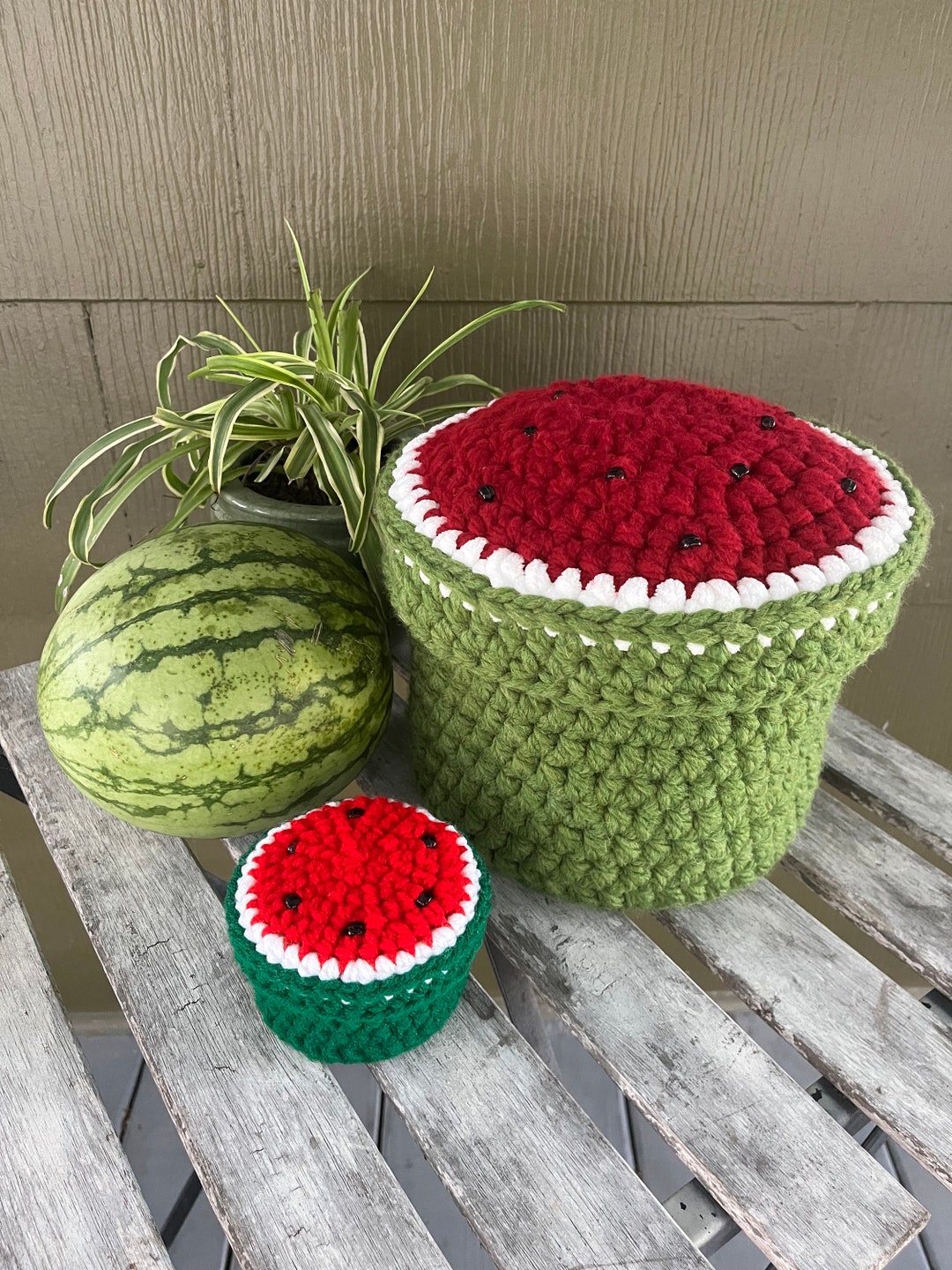 Watermelon Basket With Lid (two Sizes); Crocheted Home Decor; Fruit ...