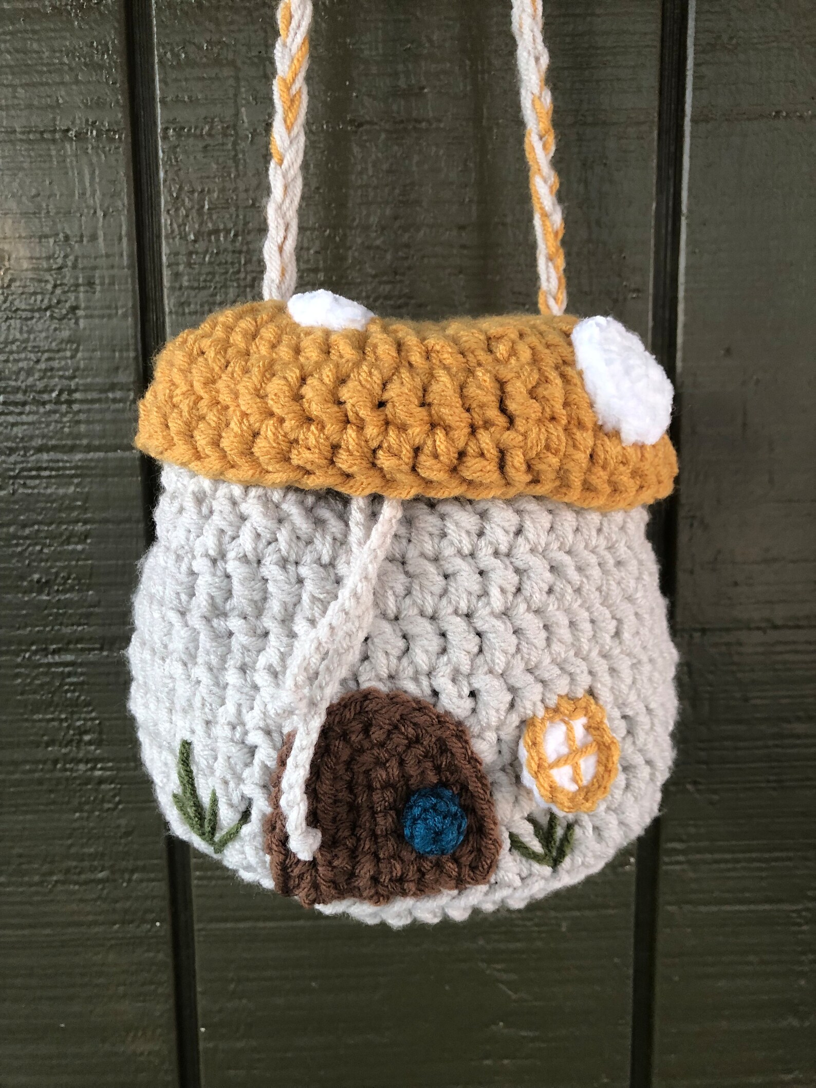 Mustard Yellow Mushroom Drawstring Bag; Crocheted Fairy House Crossbody ...