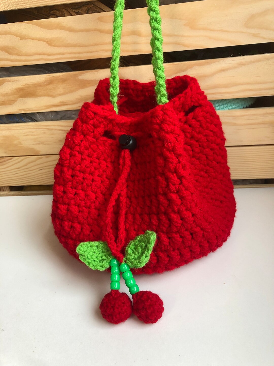 Cherry Bucket Bag; Crocheted Fruit Crossbody Bag; Handmade Cherry Purse ...