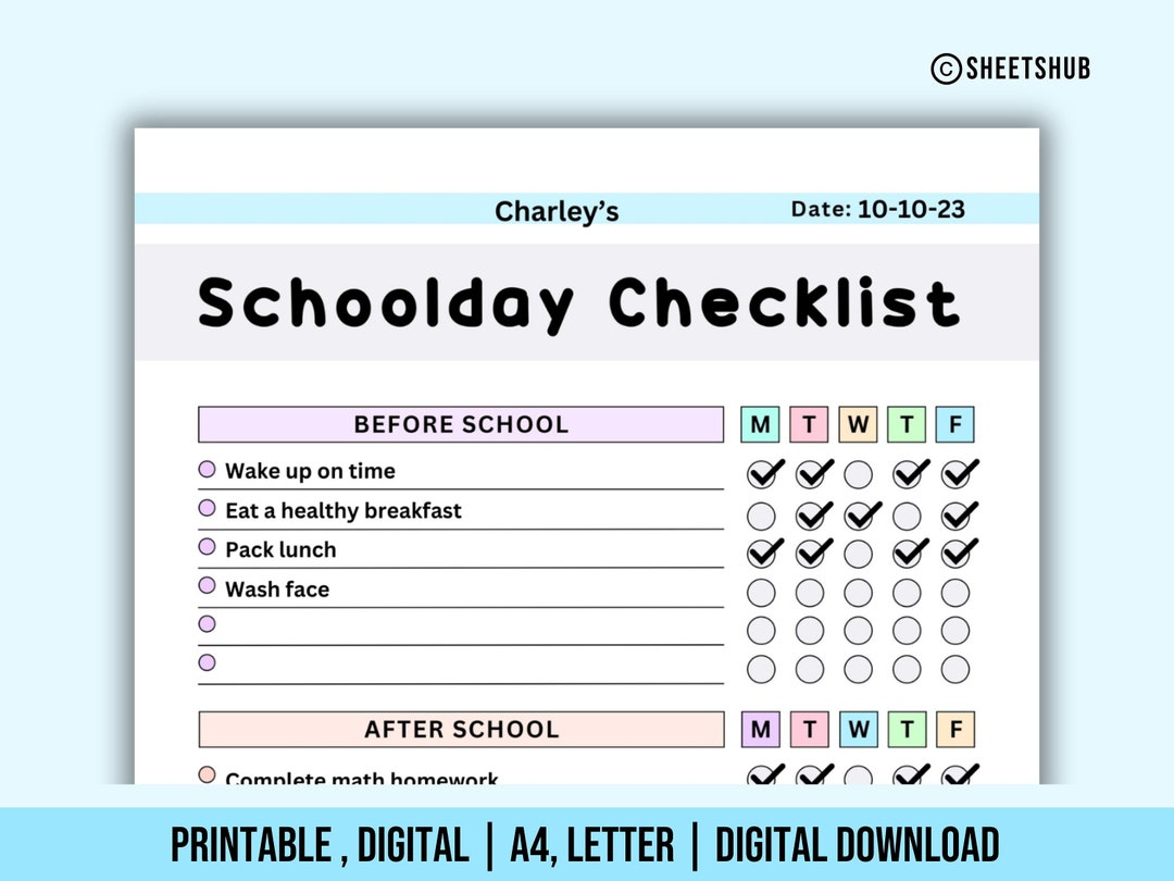 Printable Schoolday Checklist | Schoolday Checklist for Kids | to Do ...