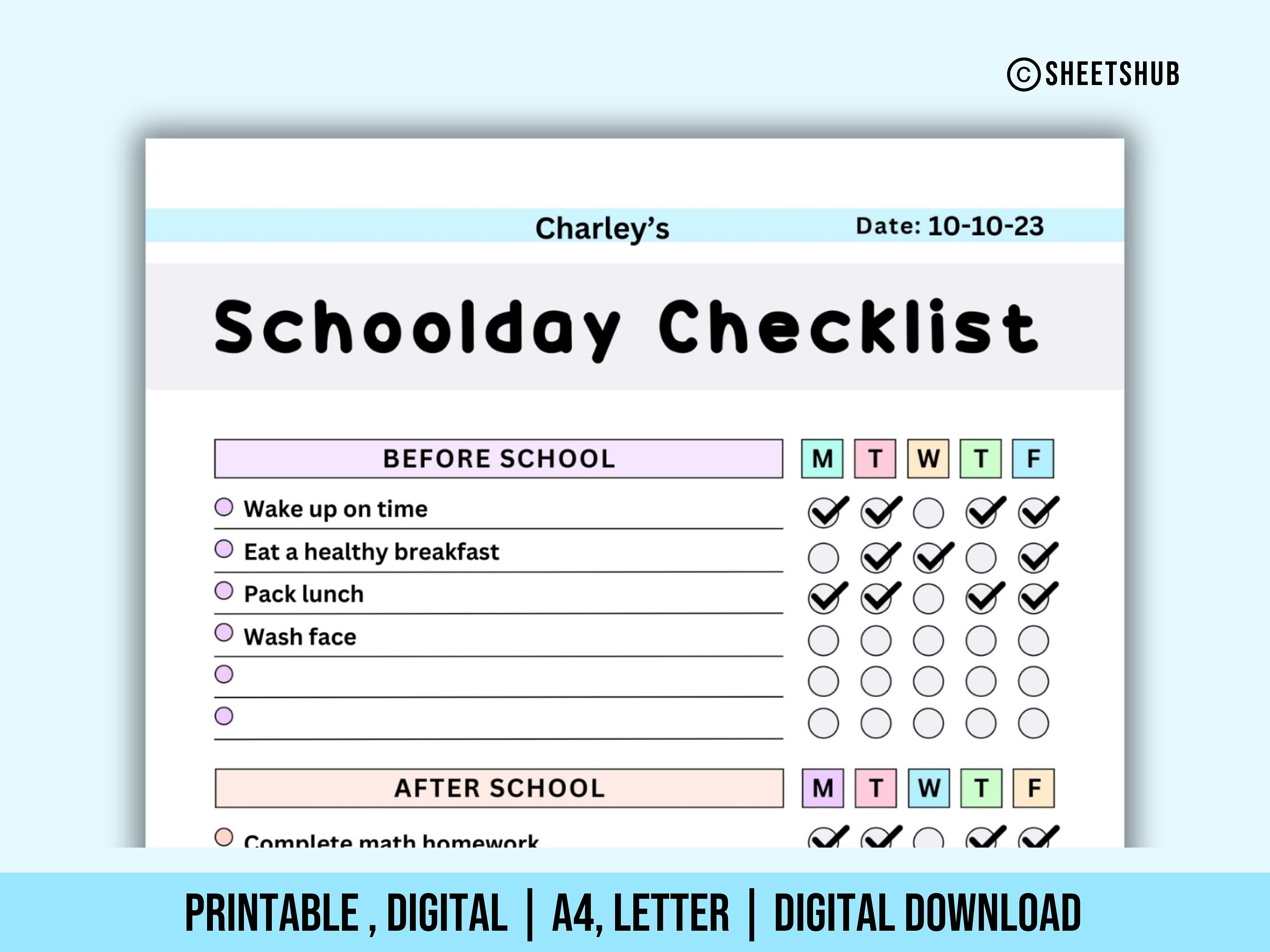 Printable Schoolday Checklist Schoolday Checklist for Kids - Etsy