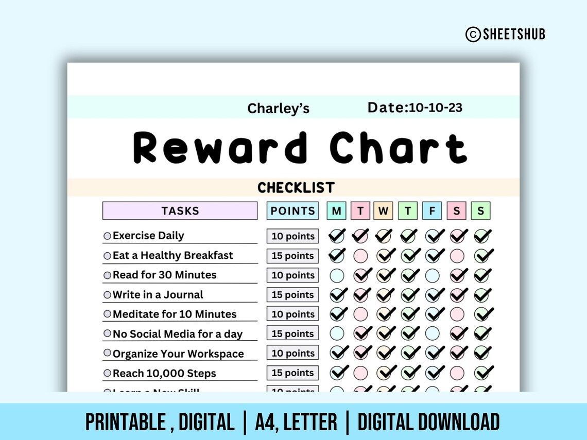 Printable Reward Chart Checklist | Reward Chart Printable | Colorful ...