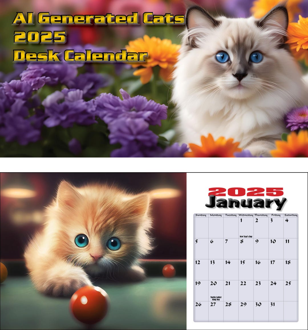 Cat Desktop Calendar 2025, AI Generated Animal Planner, Cute Desk ...