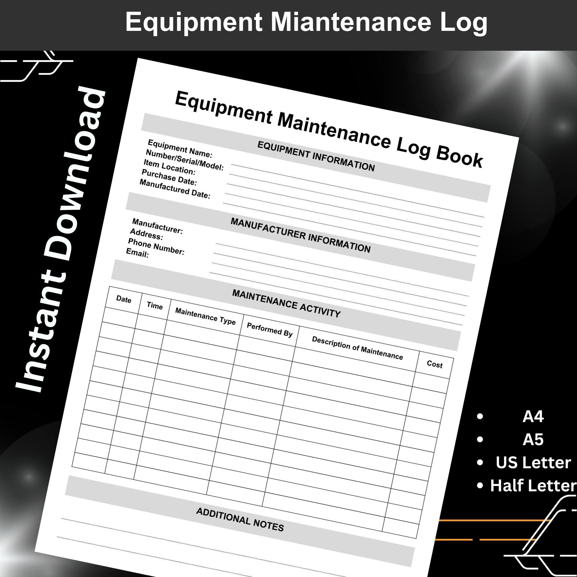 Equipment Maintenance Logs II Daily Preventive Care and Repair II ...