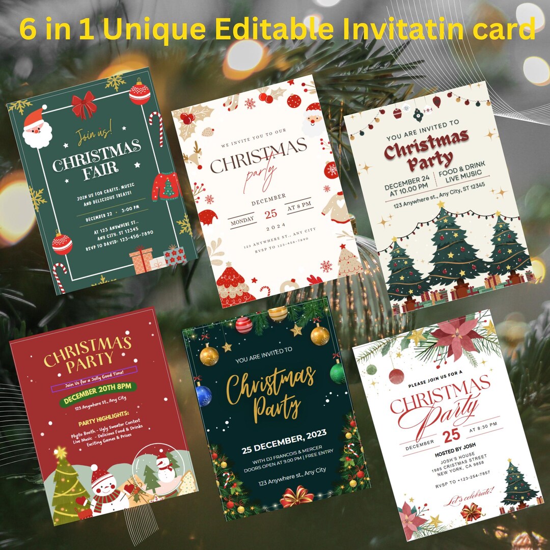 Editable Christmas Party Invitation Template: 6-design Card (PDF ...