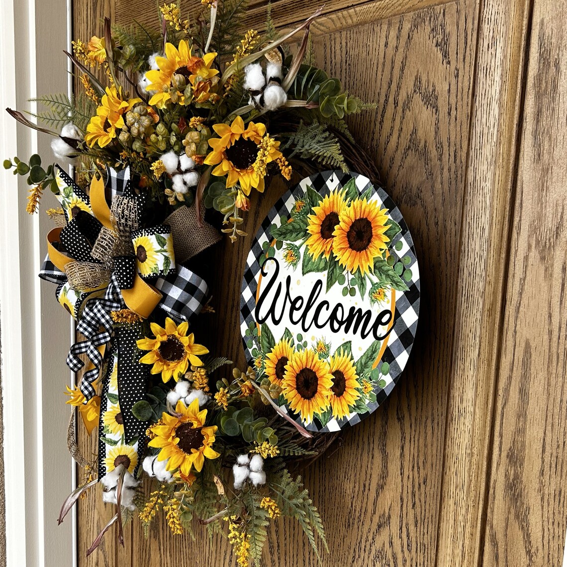 Modern Farmhouse Buffalo Sunflower Wreath, Buffalo Plaid Sunflower ...